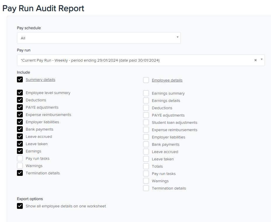 Pay Run Audit Report – Home Page