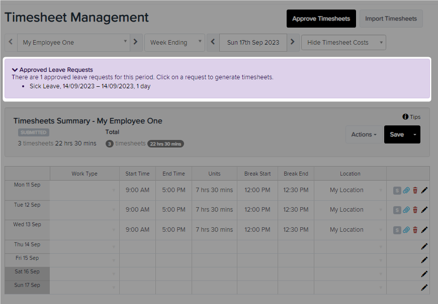 Managing Leave Requests in the Timesheet – Home Page